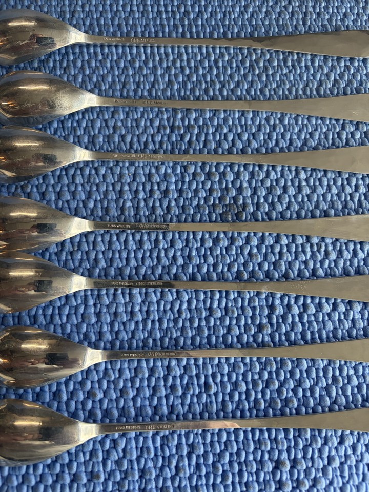 Set of 7 ICE TEA SPOONS Old Newbury Hand Wrought ONC Sterling Silver ...