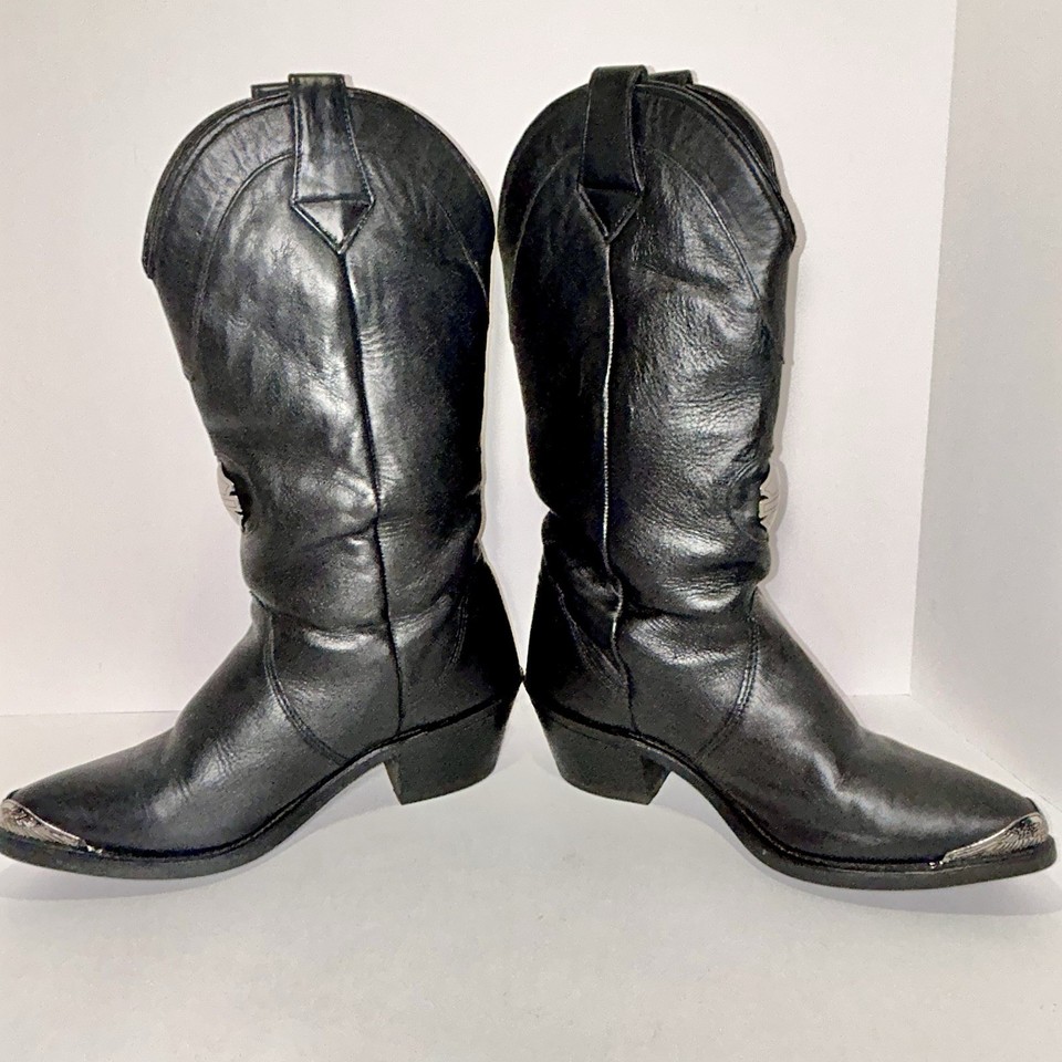 HARLEY DAVIDSON Womens Black Leather Boots Vtg 7M Chrome Eagle Fringe ...