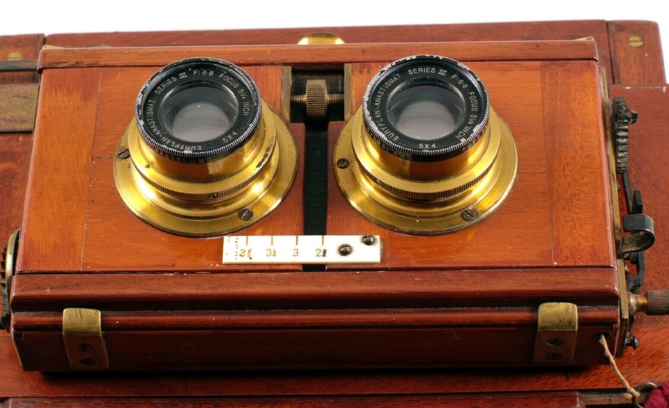 Antique Stereo Camera! Rare Sands Hunter Half Plate STEREO Tailboard ...