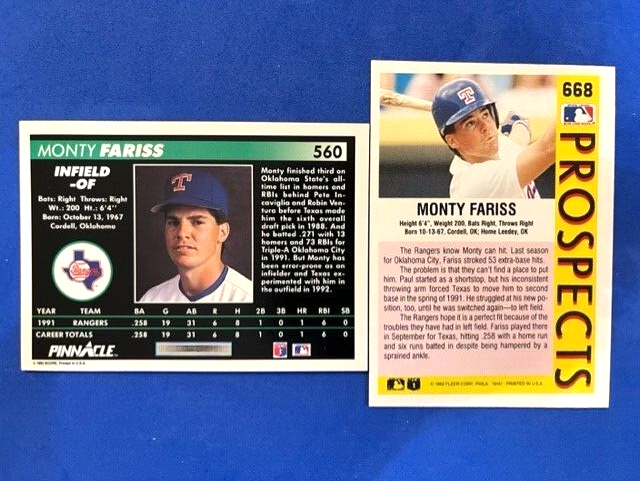 MLB - Monty Fariss 1992 Pinnacle Rookie Prospect & '92 Fleer Prospects ...