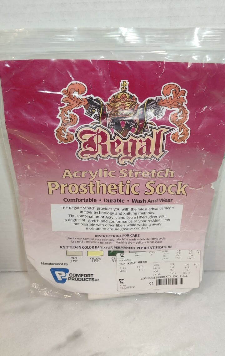 Regal Prosthetic Sock Mens Sz Fits 1-2 Length 14-16 Acrylic Stretch 5 ...