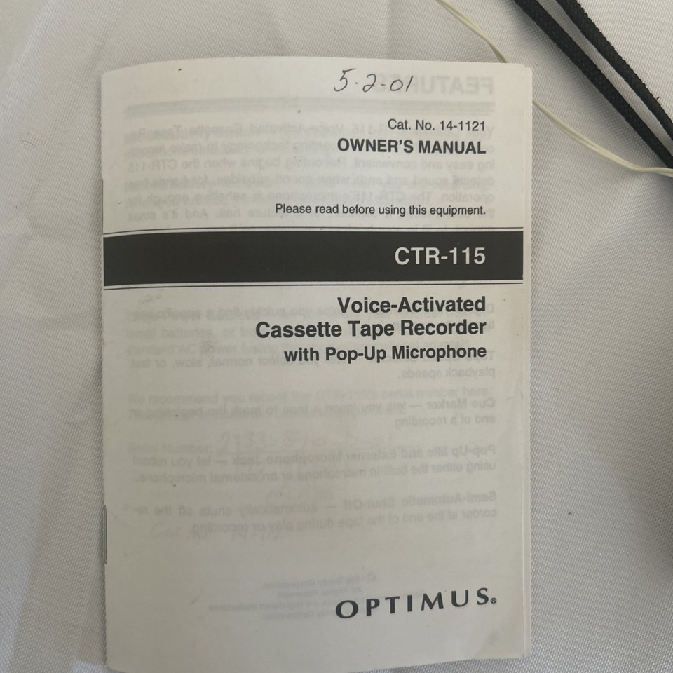 Optimus CTR-115 Voice-Activated Cassette Tape Recorder Pop Up Mic ...