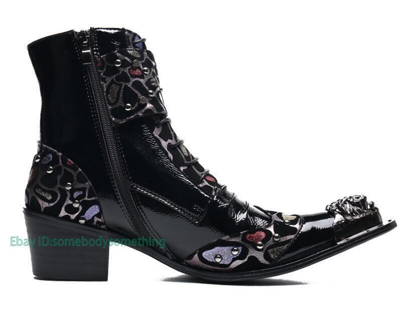 Men's New Fashion Metal Head Pointy Toe Buckle Strap Ankle Boots Punk ...