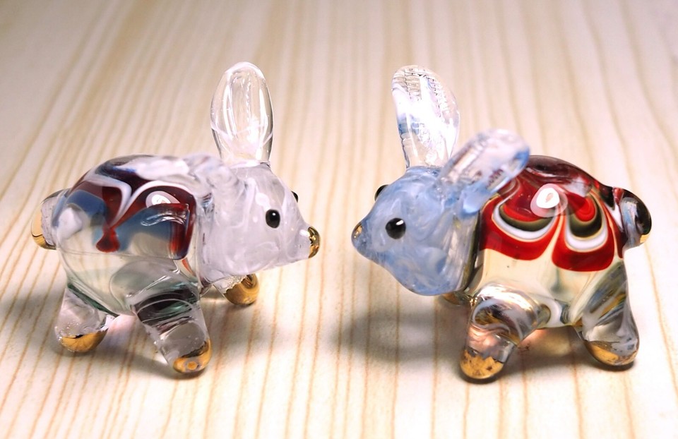 2pcs. maroon rabbit bunny figurine hand blown Glass art gild GIFT decor ...