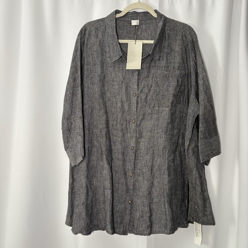 Poetry 100% Linen Button Up Relaxed Fit Blouse Tunic Sz Large Gray | eBay
