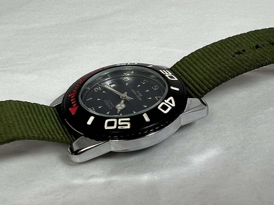 Vintage Casio Black & Red Bezel 50M Diver Date Watch (1342) MTP-3002 ...