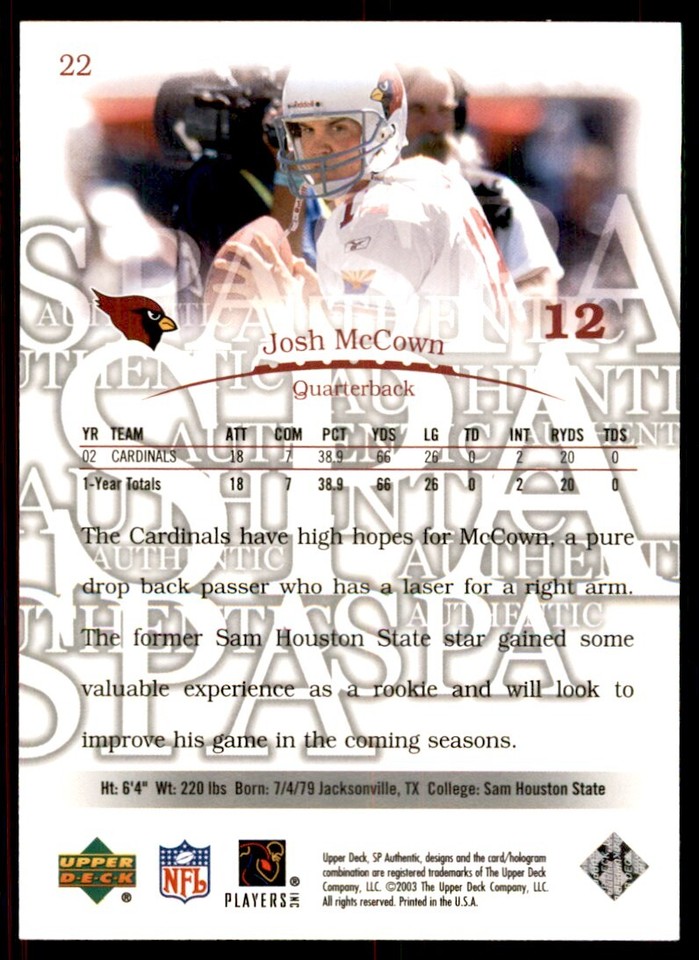 2003 SP Authentic #22 Josh McCown | eBay