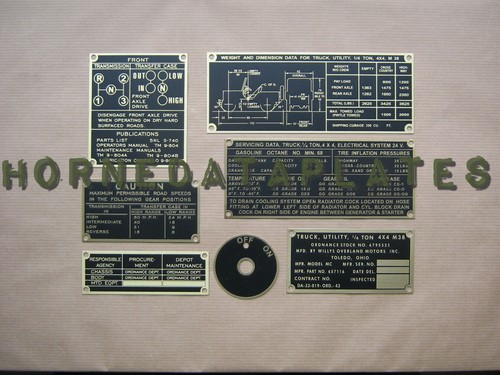 M38 JEEP BRASS DATA PLATES SET WILLYS MC G-740 M 38 M38A1 M170 1952 ...