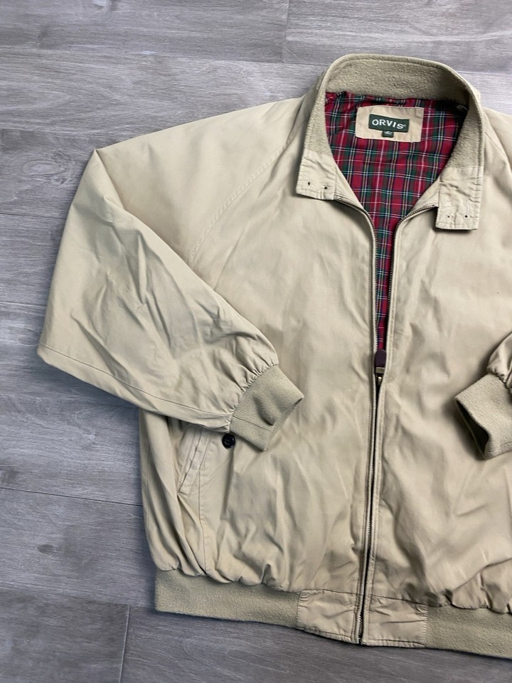 VTG Orvis Bomber Jacket Mens Xl Beige Full Zip Tartan red Plaid Lined ...