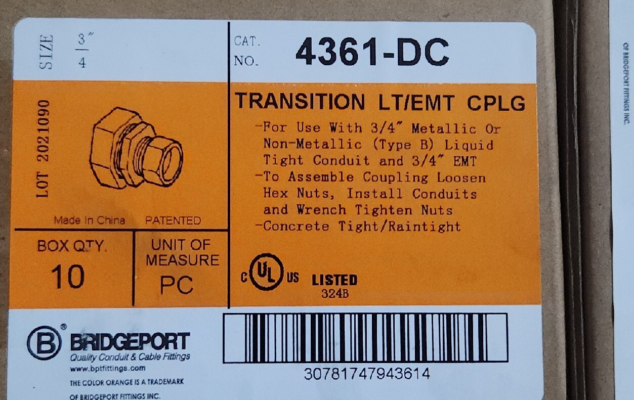 Bridgeport 4361-DC Coupling Transition LT/EMT 3/4" - Box of 10 - *NEW ...