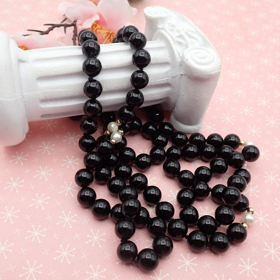 Vtg 7mm Knotted Black Onyx Cultured Pearl Gold Fill Bead Continuous 34 ...