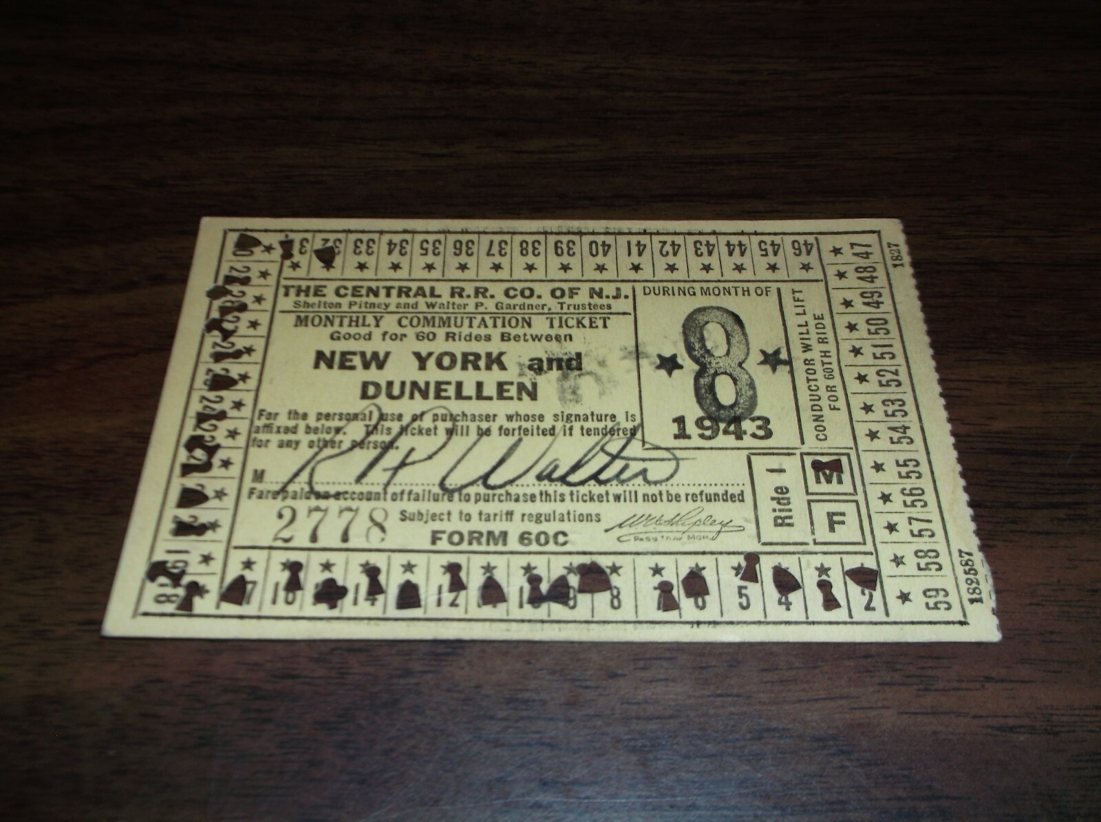 AUGUST 1943 CNJ CENTRAL RAILROAD OF NEW JERSEY DUNELLEN, NJ MONTHLY ...
