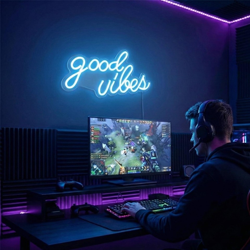 Good Vibes Neon Sign Ice Blue, Cool LED Light for Wall Decor, Game Room ...