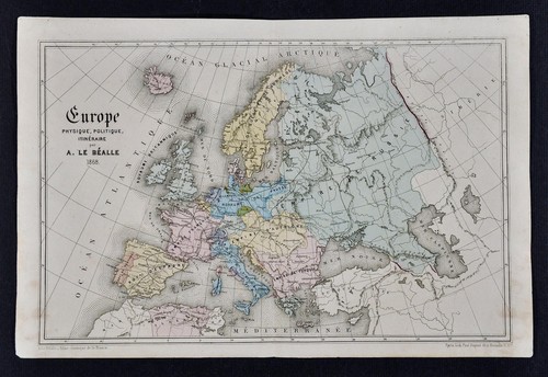 1868 Le Bealle Map - Europe Physical Political France Germany Spain ...