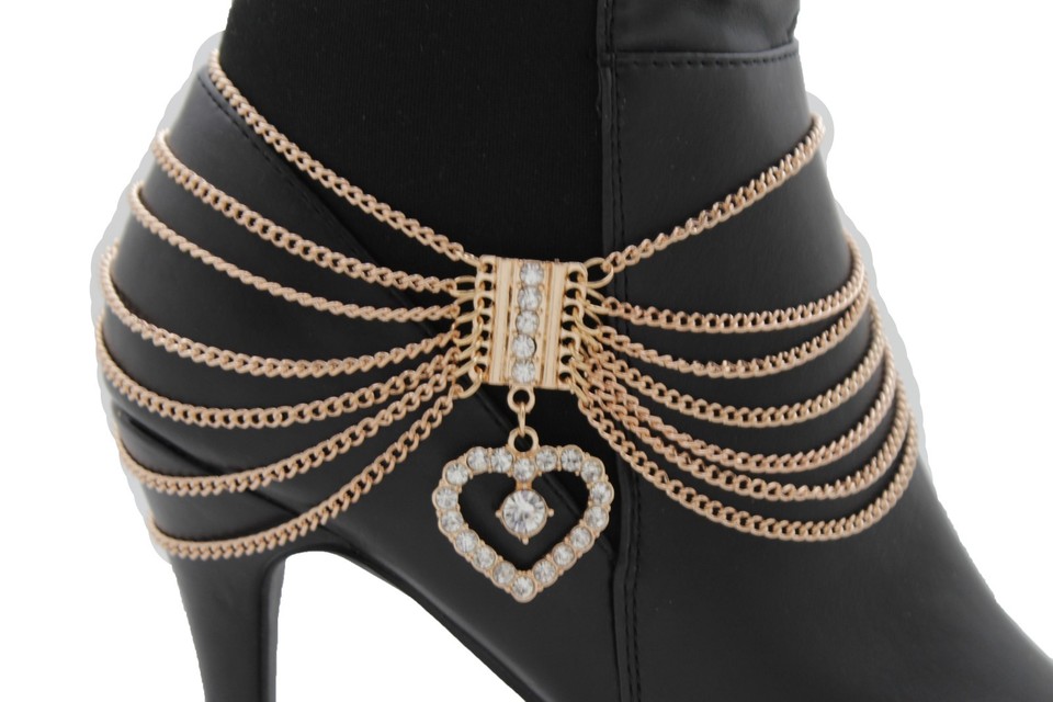 Women Gold Color Metal Chain Boot Bracelet Shoe Anklet Bling Heart ...