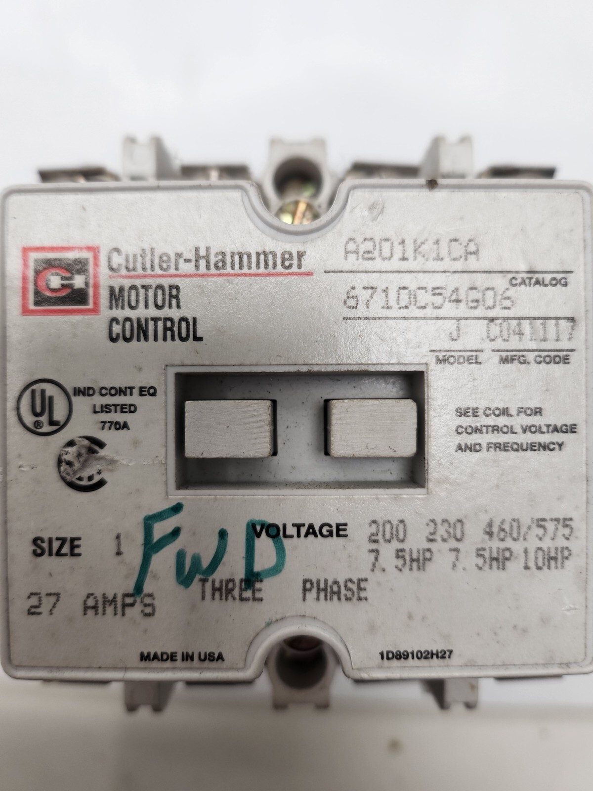 Cutler-Hammer A201K1CA Motor Control #12957 | eBay