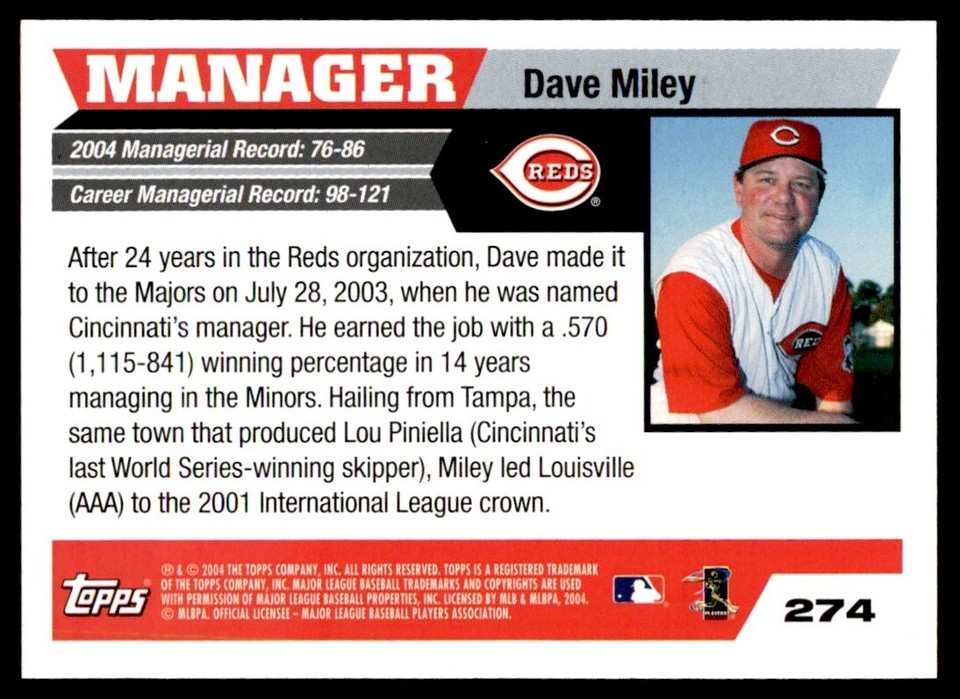 Dave Miley 2005 Topps #274 Cincinnati Reds | eBay