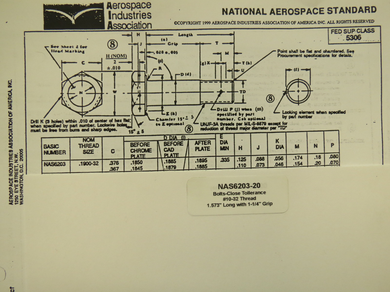 50 ea #10-32 x 1-1/4 Grip x 1.573 Long NAS6203-20 Close Tolerance ...