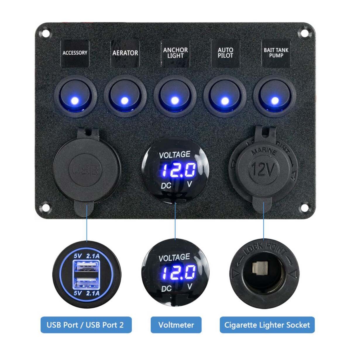 5 Gang 12V Switch Panel LED Light Rocker Circuit Breaker For Car RV ...