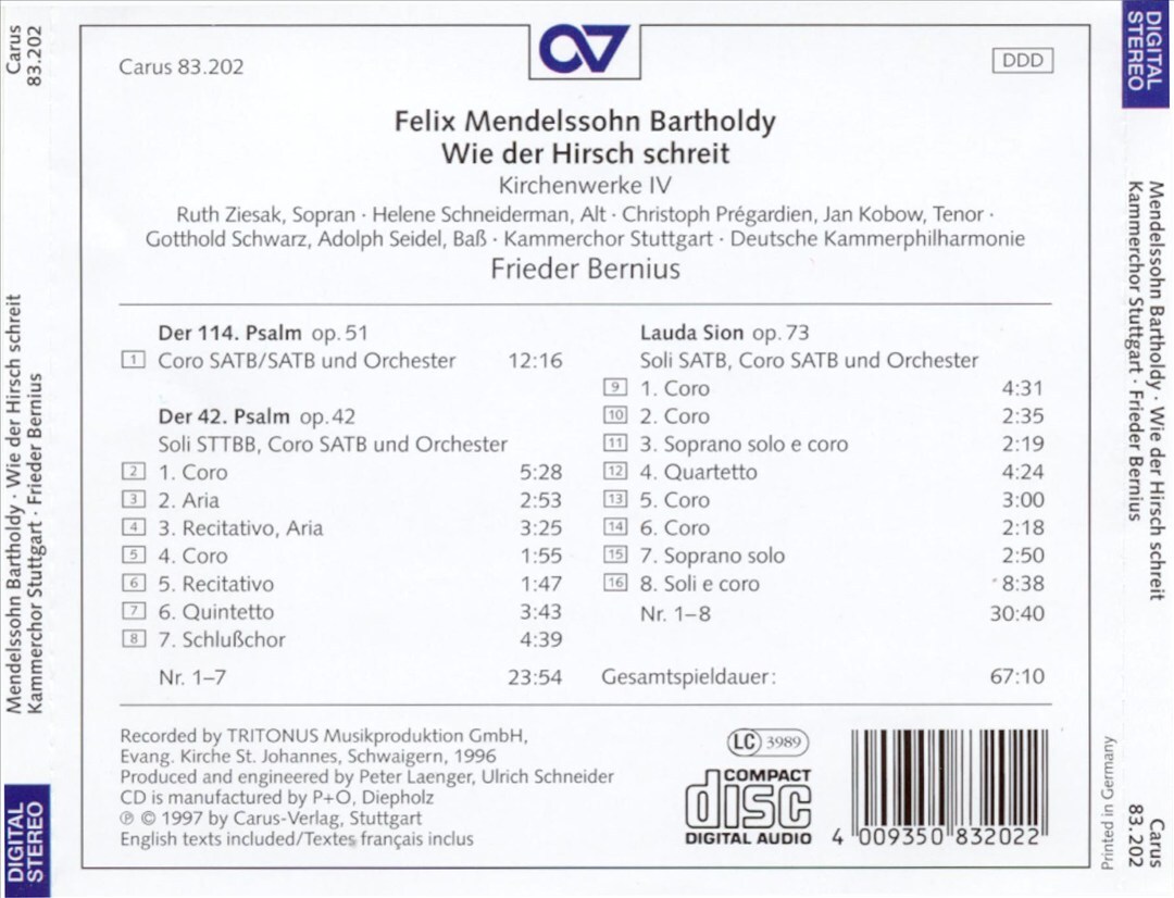 FRIEDER BERNIUS MENDELSSOHN: WIE DER HIRSCH SCHREIT NEW CD 409350832024 ...