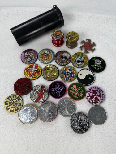 Vtg 90s Pogs 3 RARE Metal Plastic Slammers Ying Yang Skeleton Poison ...