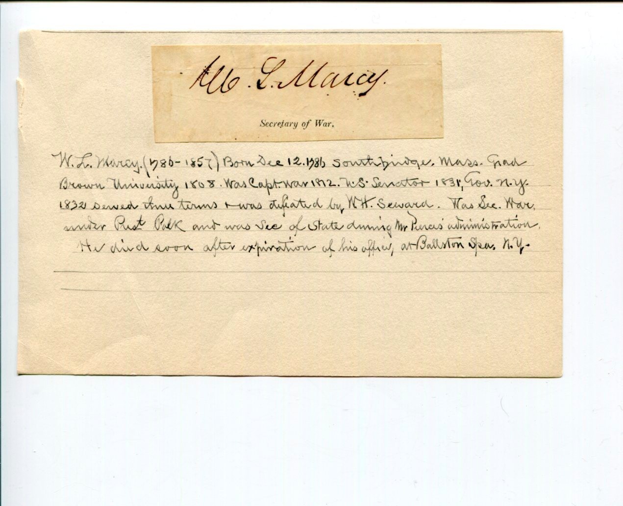 William L. Marcy US Secretary of State War Governor NY New York Signed ...