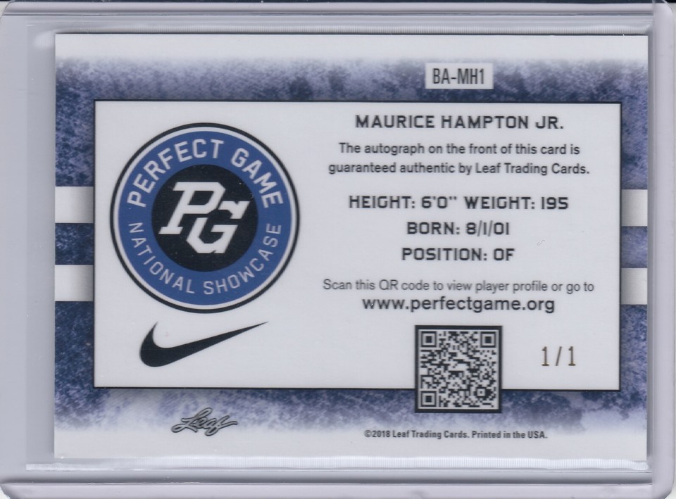 MAURICE HAMPTON JR 2018 Leaf Perfect Game Metal Gold Super AUTO #d 1/1 ...