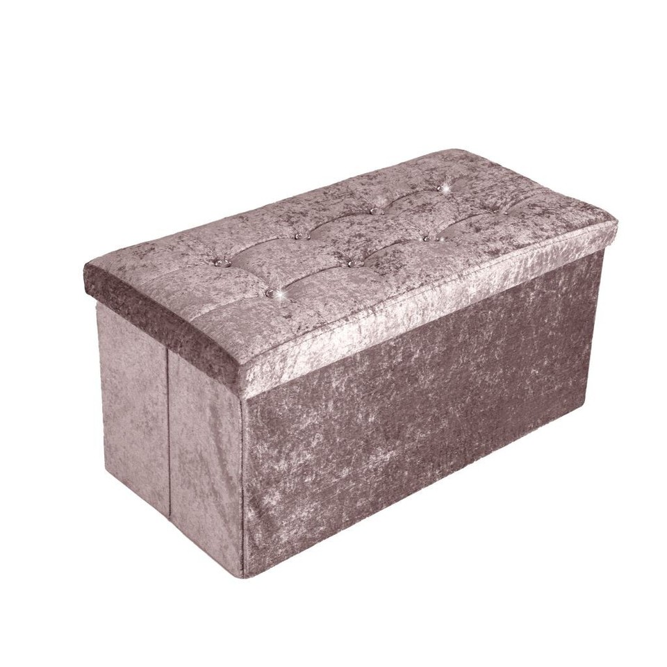 Crushed Velvet Diamante Ottoman Pouffe Foldable Storage Box Foot Stool ...