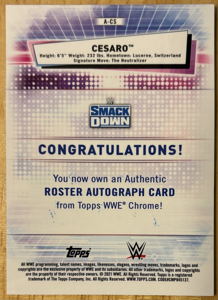 2021 Topps Chrome WWE Cesaro Autograph /199 On Card Auto Claudio ...