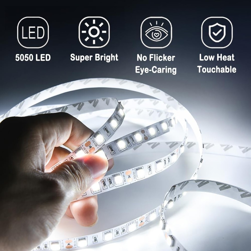 16FT 5050 SMD LED Strip Lights 300 LEDs DC 12V Super Bright Cool White ...