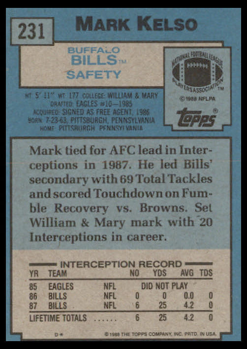 1988 Topps #231 Mark Kelso Buffalo Bills Football Card | eBay