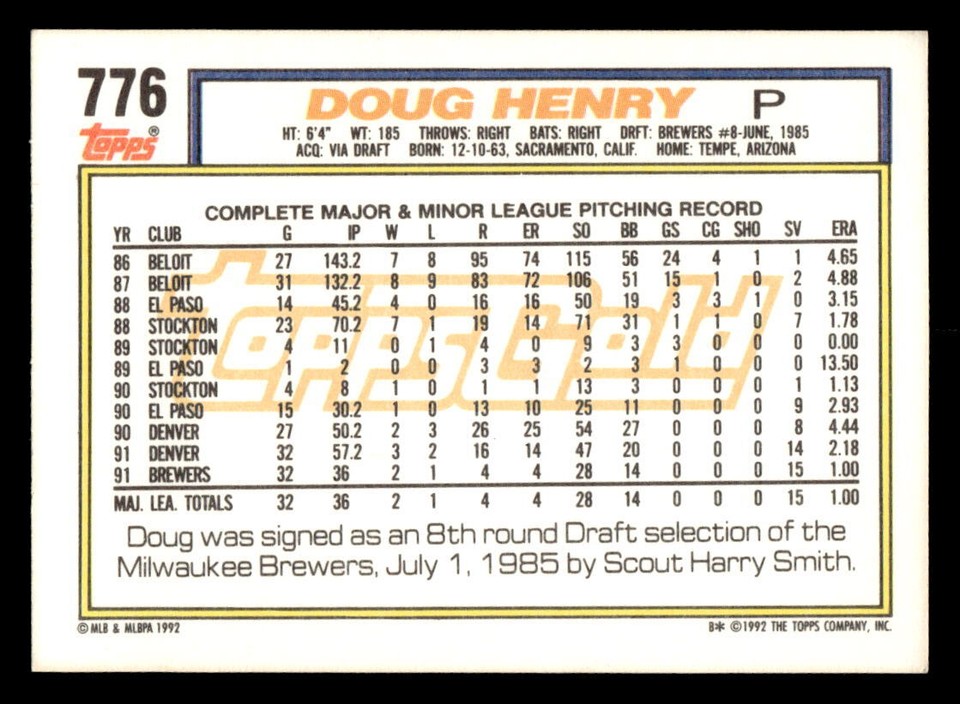 1992 Topps #776 Doug Henry Gold Winners | eBay