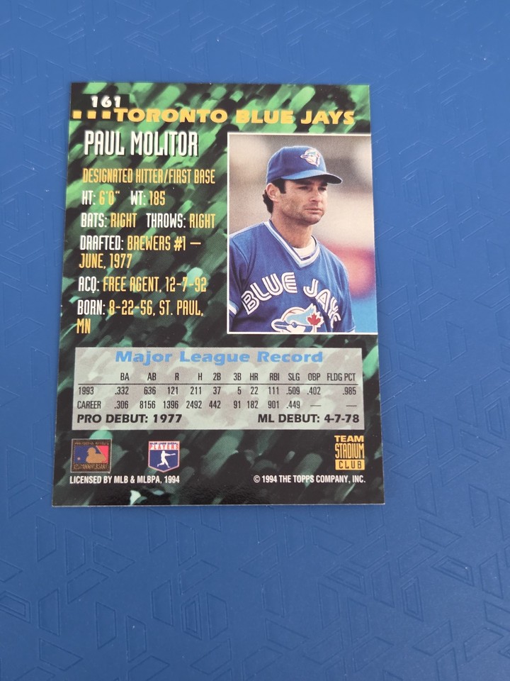 1994 Stadium Club Team First Day Issue #161 Paul Molitor HOF BASEBALL ...