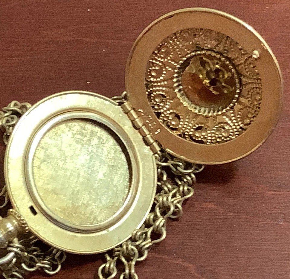 Estate Avon Amber Crystal Filigree 1+ Round Locket 30” Gold Tone Chain ...