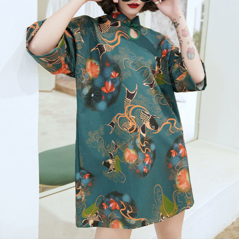 Women Loose Qipao Cheongsam Ethnic Dress Short Raglan Sleeve A-line ...