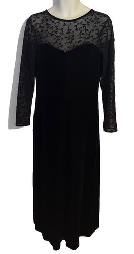 Robbie Bee Black Velvet Dress 16 Long Witchy Evening Gown Sheer Sleeves ...