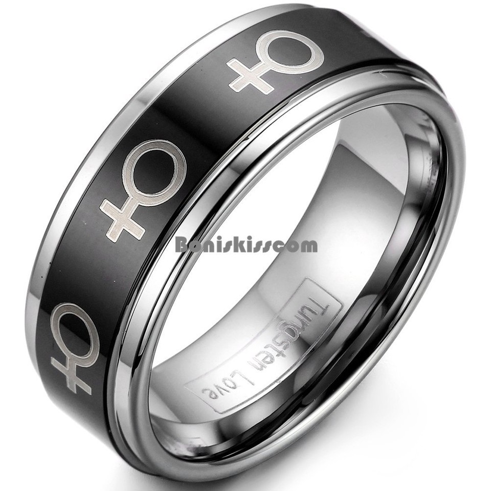 Black Ceramic Laser Etched Love Symbol Design Tungsten Carbide Ring ...
