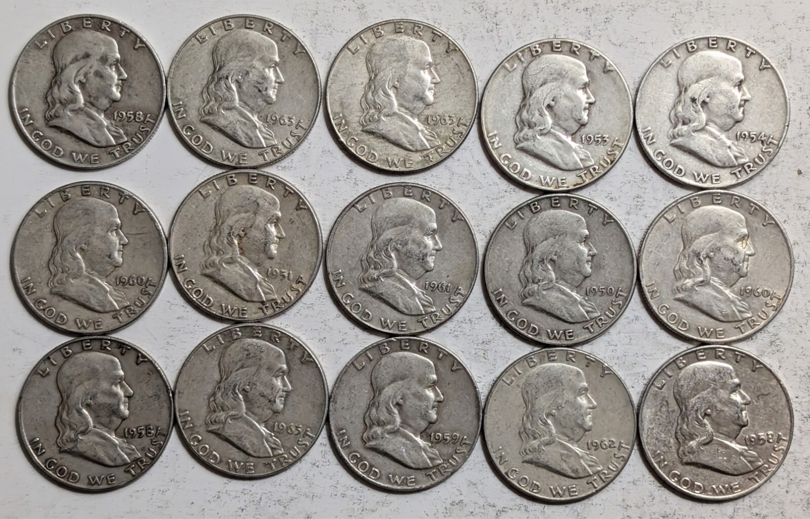 (LOT OF 15) 90% SILVER FRANKLIN HALF DOLLARS RANDOM DATES 1950-1963 PDS ...