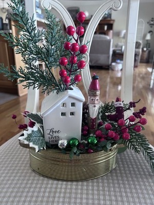 Christmas Centerpiece Vignette Brass Container, House,greenery,Santa ...