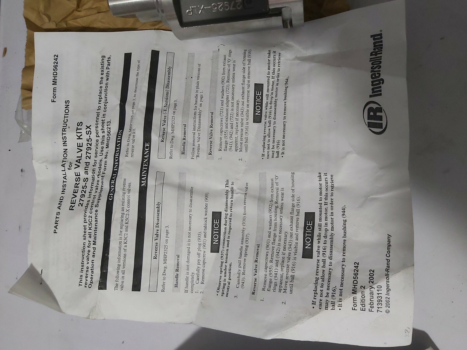 Ingersoll Rand 27925-SX Reverse Valve Kit for sale online | eBay