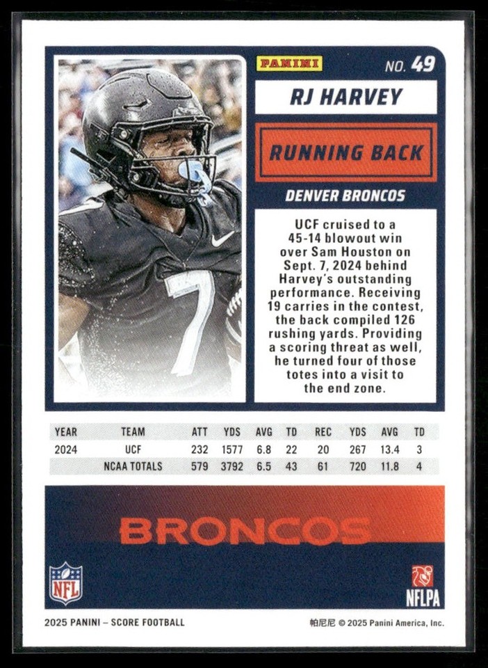 2025 Score #49 RJ Harvey RC Denver Broncos | eBay
