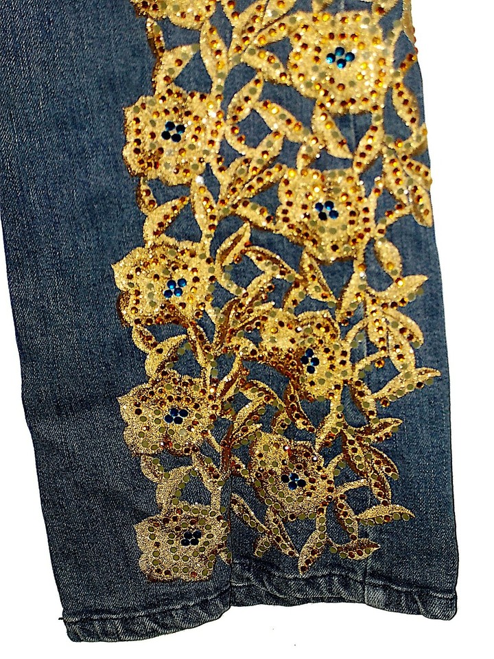 New jeans Cache Embellished Gold-Embroidery Rhinestones Cotton Stretch ...
