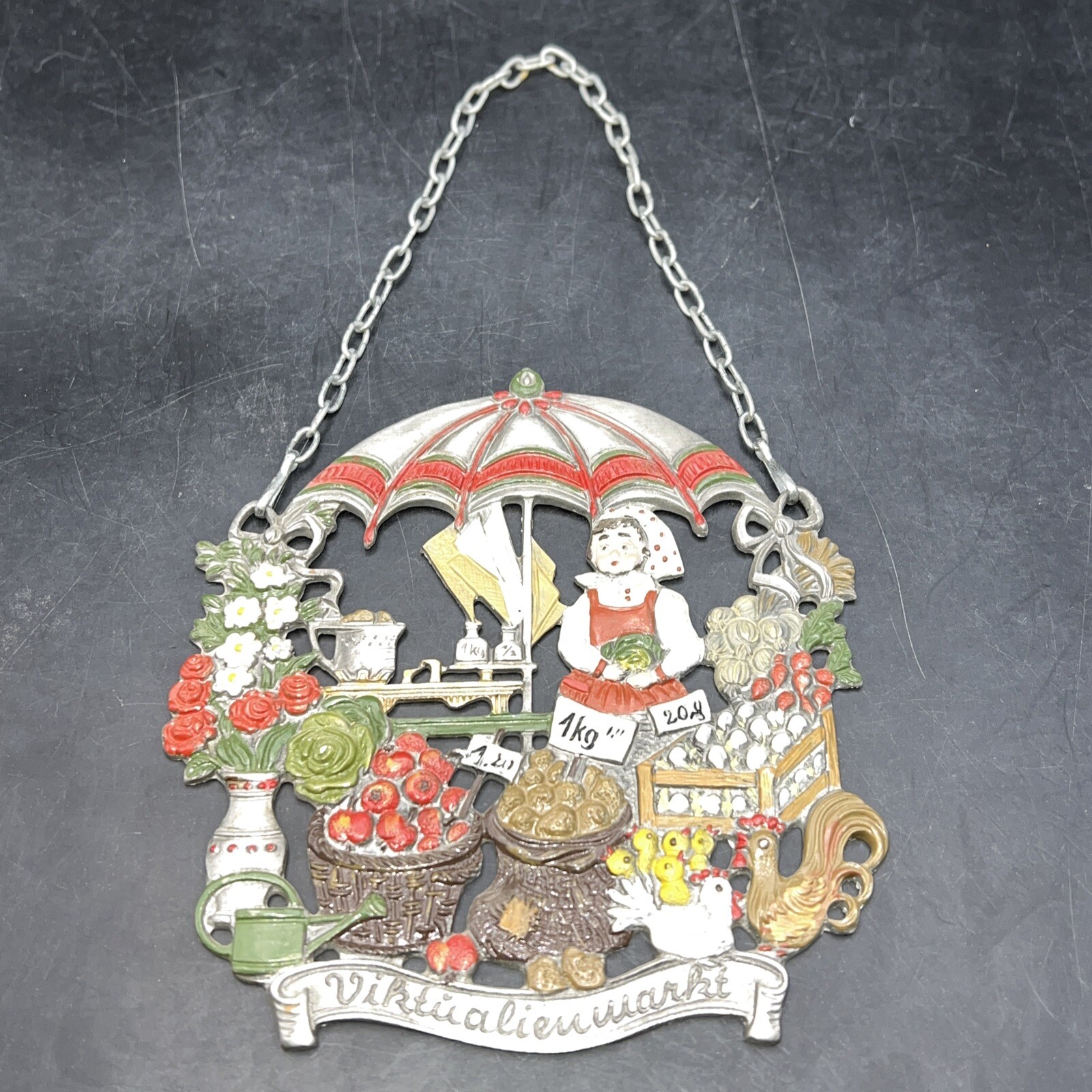 Vintage Kuhn Zinn Pewter Wall Hanging Ornament “Victualienmarkt” Food ...