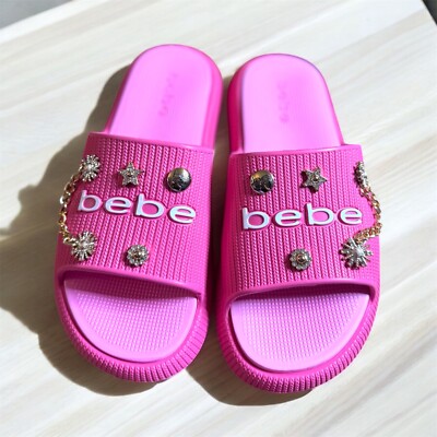 Bebe Women Pink Puff Slide Embellished with metallic gold-tone charms ...