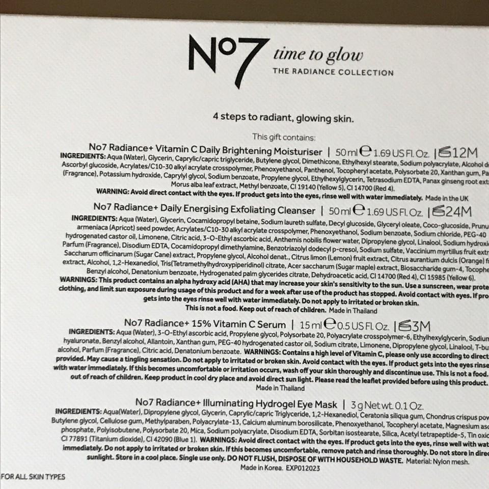 No 7 Time to Glow The Radiance Collection 4pc Gift Set NEW $40 | eBay