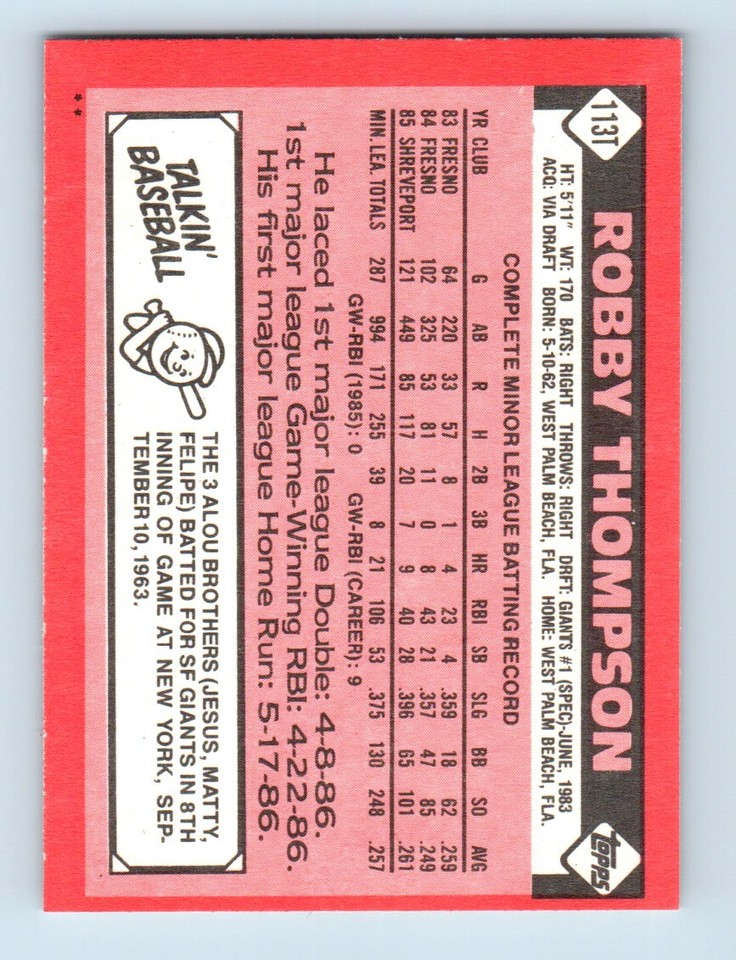 1986 Topps Traded Robby Thompson San Francisco Giants #113T | eBay