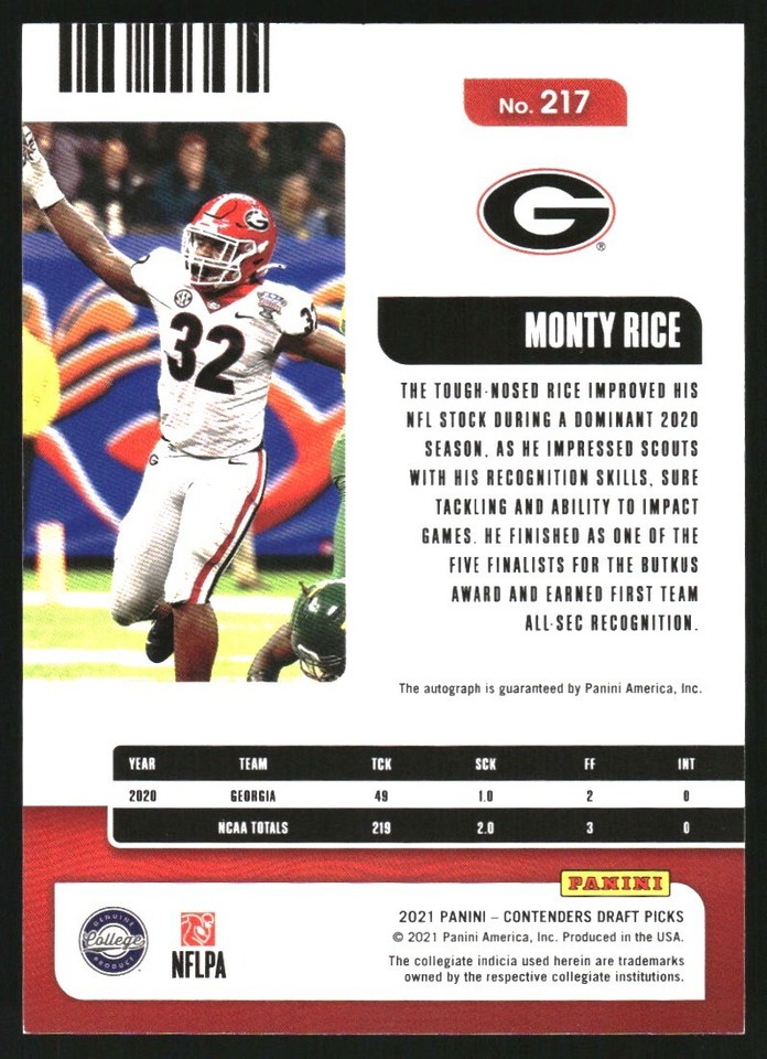 2021 Panini Contenders Draft Picks #217 Monty Rice RC Auto | eBay