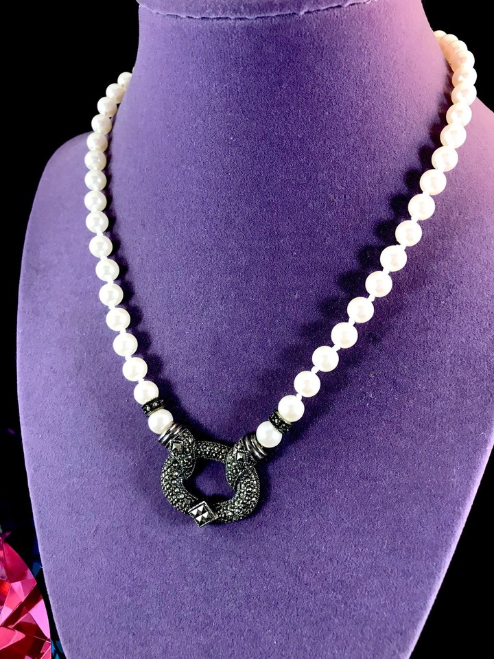 GORGEOUS SIGNED JUDITH JACK FAUX PEARL NECKLACE STERLING MARCASITE ...