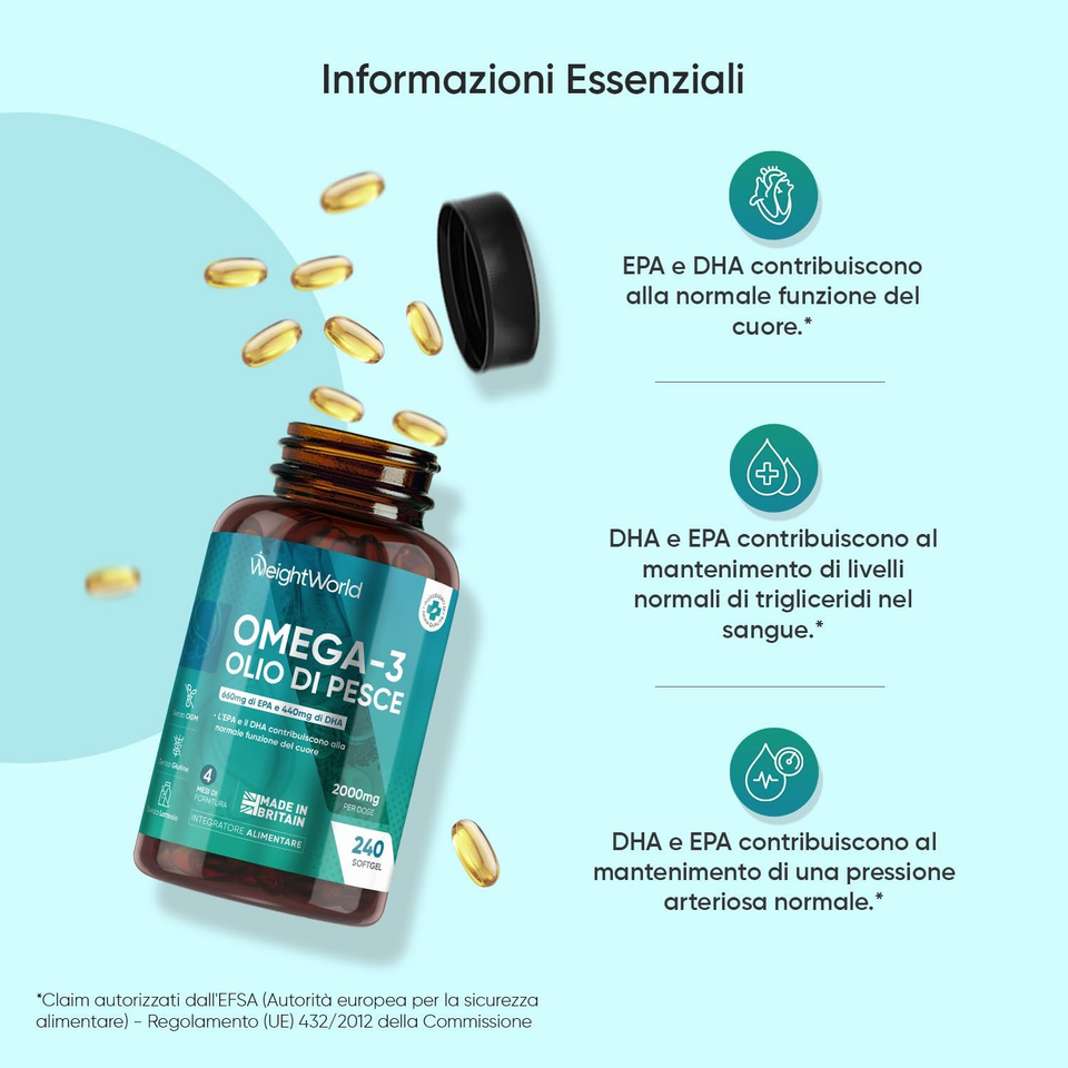 Omega 3 Olio Di Pesce Da 2000Mg, 660Mg EPA E 440Mg DHA, Integratore ...