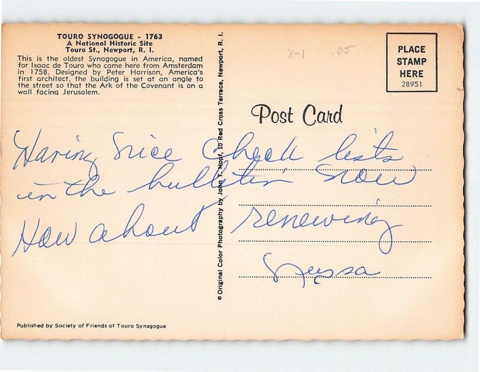 Postcard A National Historic Site Touro Synagogue Touro St. Newport ...